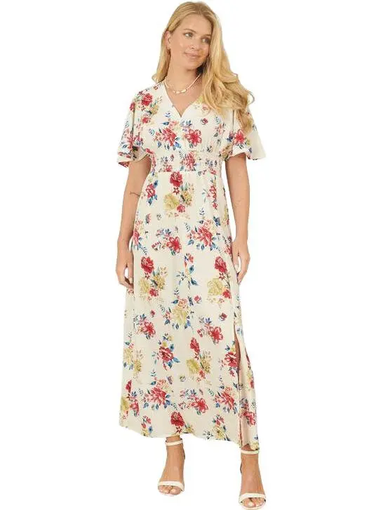 YUMI Ruched Waist V-neck Midi Dress - Ivory