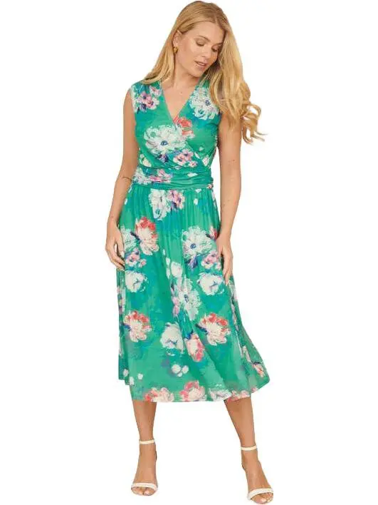 YUMI Blossom Print Stretch Mesh Midi Dress - Green