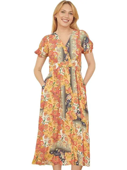 YUMI Floral Patchwork Print Midi Shirt Dress - Multi