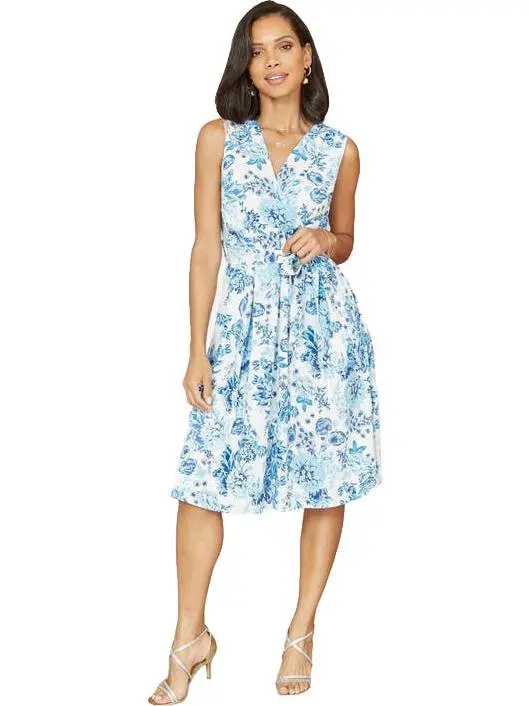 YUMI Floral Wrap Skater Midi Dress - Blue