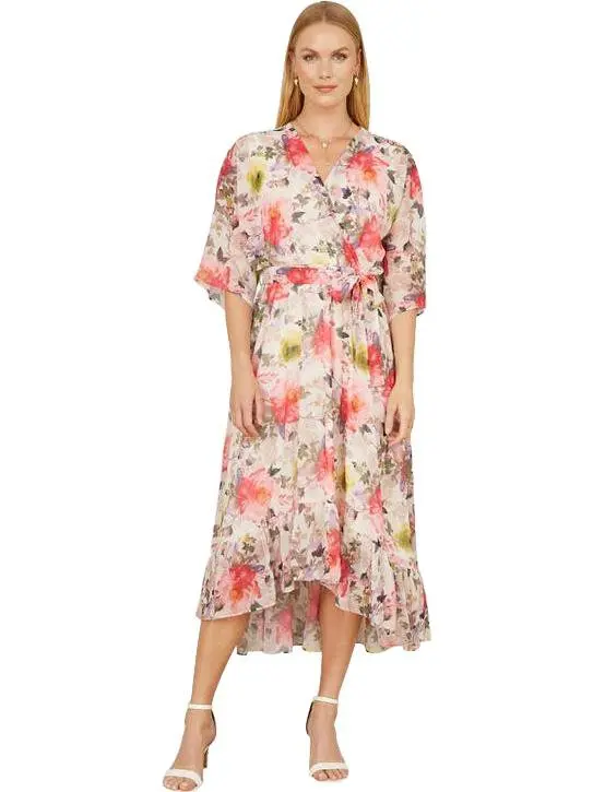 YUMI Floral Ruffle-hem Wrap Midi Dress - Ivory