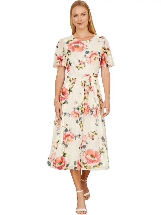 YUMI Floral Print Mesh Midi Dress - Ivory