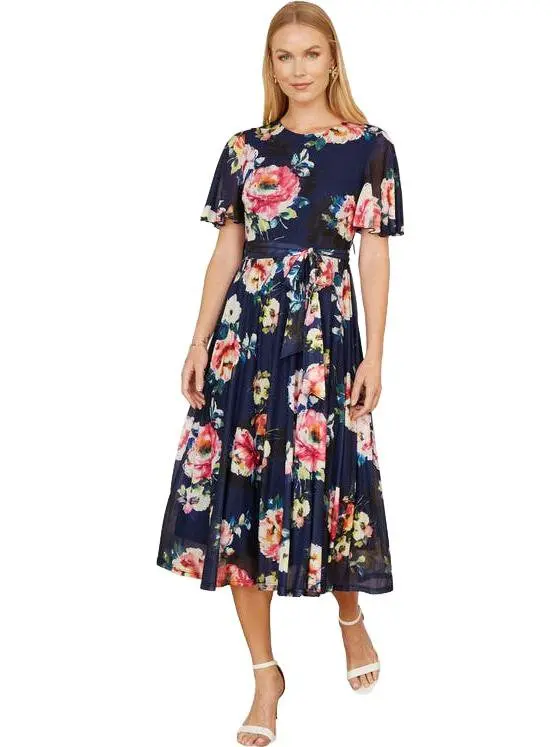 YUMI Floral Print Mesh Midi Dress - Navy