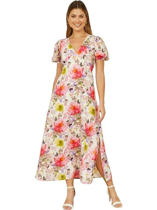 YUMI Floral Print Puff Sleeve Midi Dress - Ivory