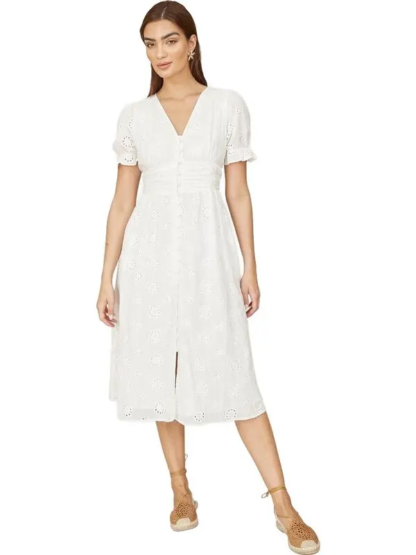 YUMI Broderie Anglaise Midi Button Up Dress - White