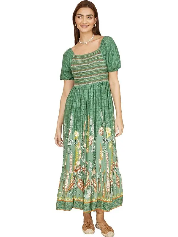 YUMI Ruched Leaf Print Maxi Dress - Green