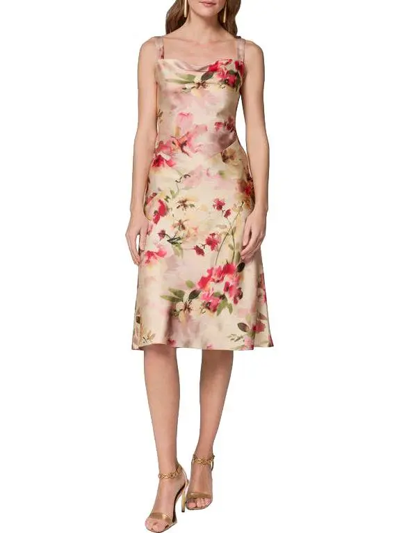 Donna Karan New York Floral Cowl Neck Satin Dress - Eggshell Multi