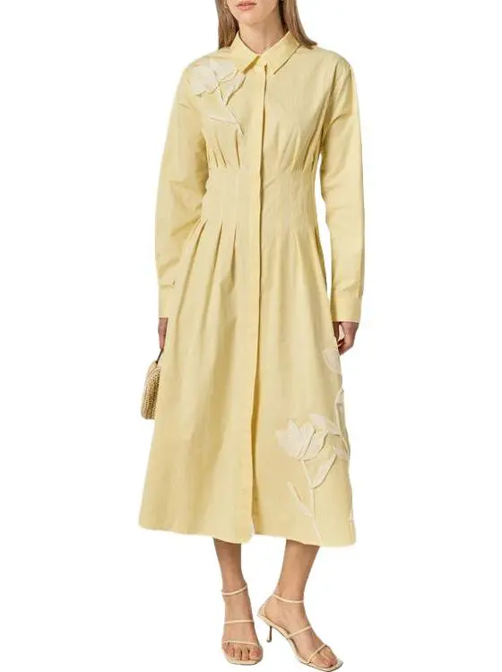English Factory Floral Appliqué Pintuck Long Sleeve Cotton Shirtdress - Butter Yellow