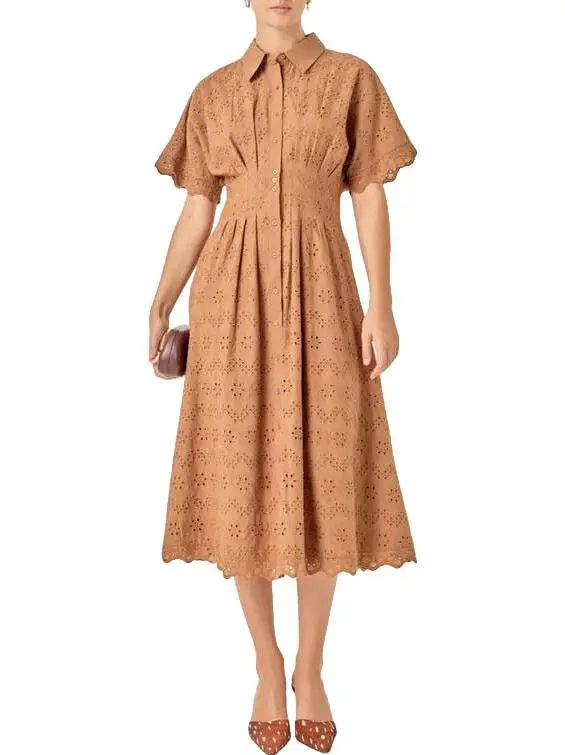 English Factory Eyelet Cinched Waist Midi Shirtdress - Brown