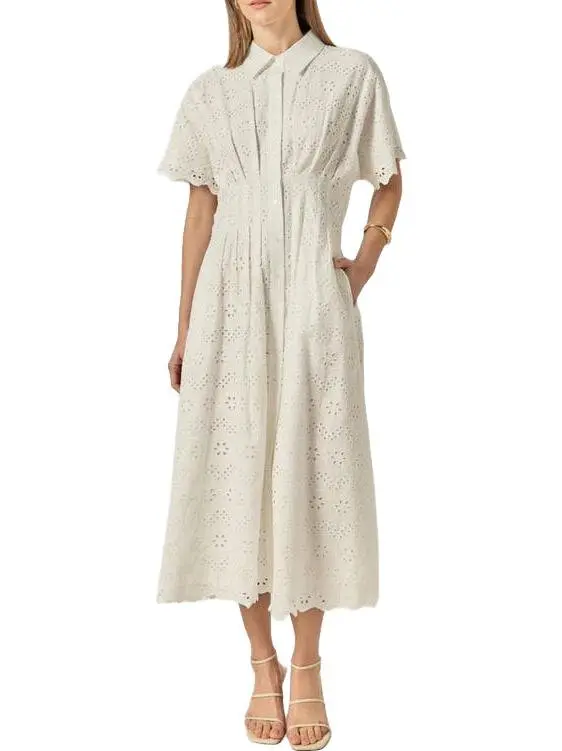English Factory Eyelet Cinched Waist Midi Shirtdress - White