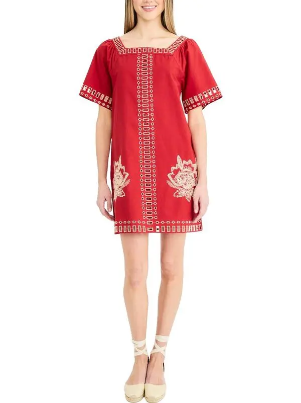 THE GOOD JOURNEY Embroidered Shift Mini Dress - Red/beige