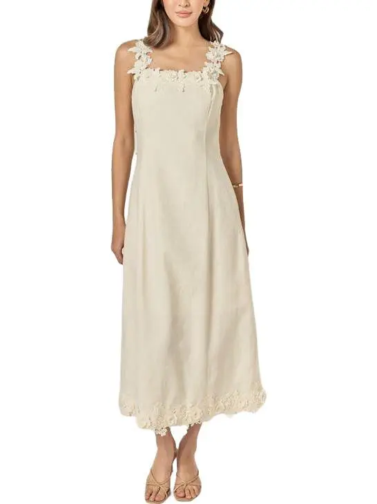 English Factory Flower Strap Sleeveless Linen Midi Dress - Cream