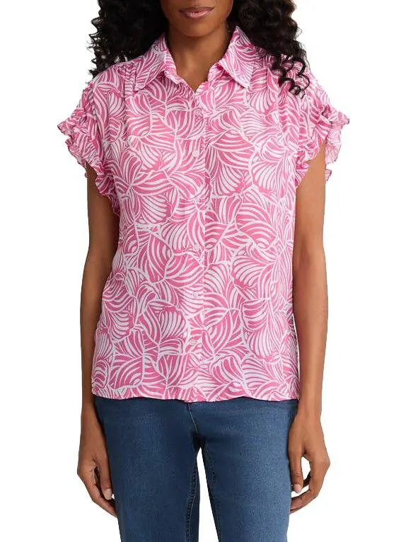 Jones New York Abstract Print Ruffle Sleeve Shirt - Dutch Pink/natural White