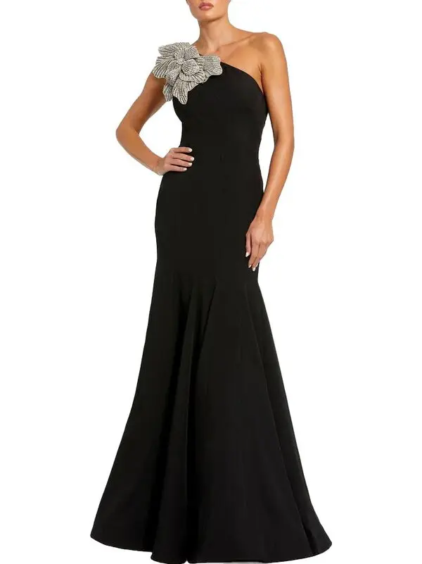 Mac Duggal Crepe One Shoulder Gown With Floral Detail - Black