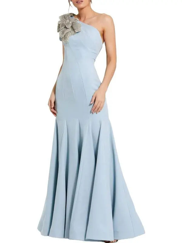 Mac Duggal Crepe One Shoulder Gown With Floral Detail - Powder Blue