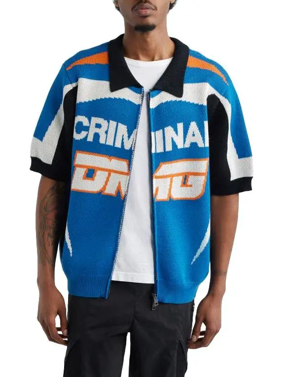 CRIMINAL DAMAGE Racer Knit Zip-up Cardigan - Blue/orange/black/ecru