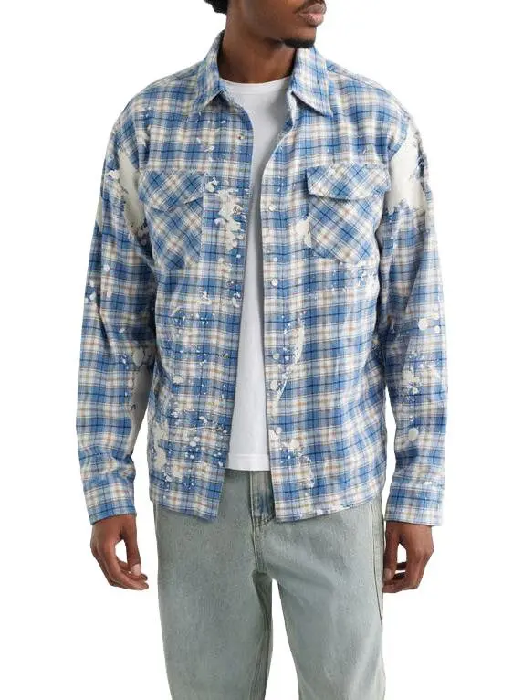 CRIMINAL DAMAGE Bleached Plaid Snap-up Shirt - Blue