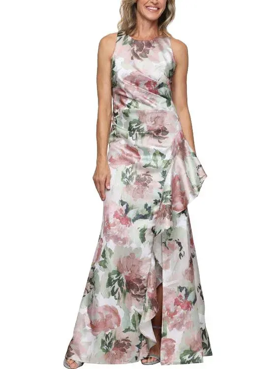 Alex Evenings Metallic Floral Satin Gown - Blush Multi
