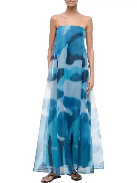 Staud Allyson Abstract Print Strapless Dress - Blue Haze