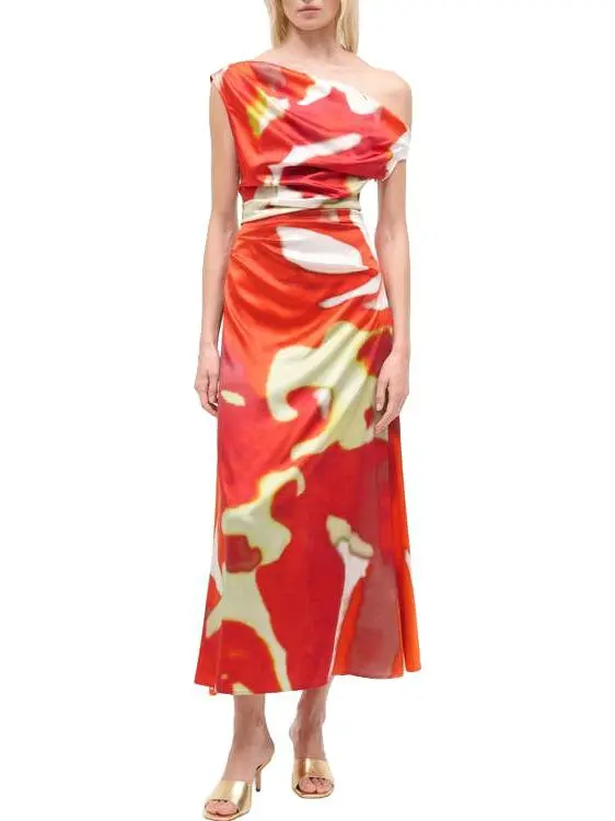 Staud Abstract Print One-shoulder Stretch Silk Dress - Red Zone