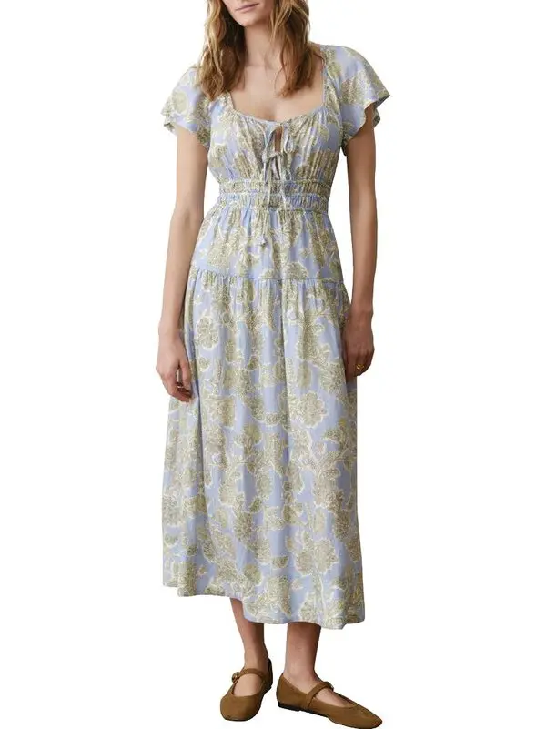 Marine Layer Printed Flutter Sleeve Midi Dress - Blue Floral