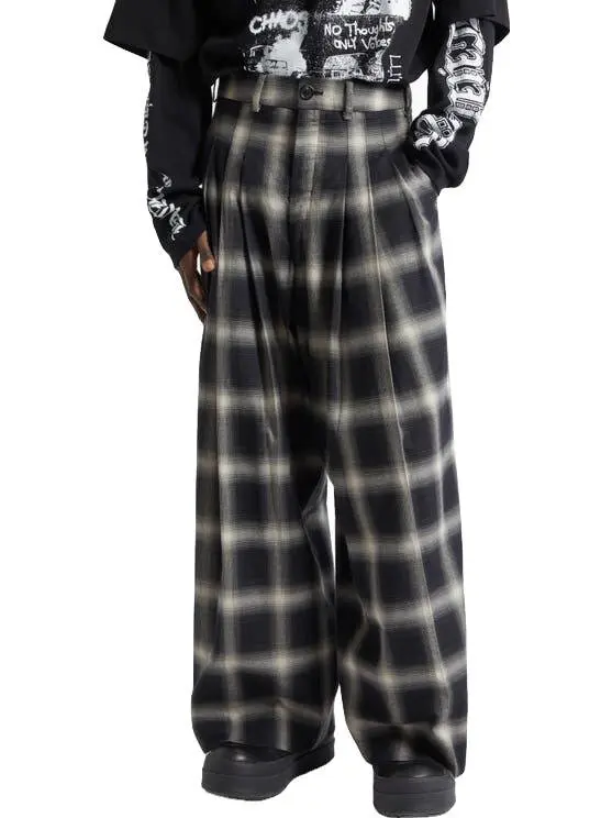 LU'U DAN Triple Pleat Ombré Check Wide Leg Flannel Pants - Ombre Check