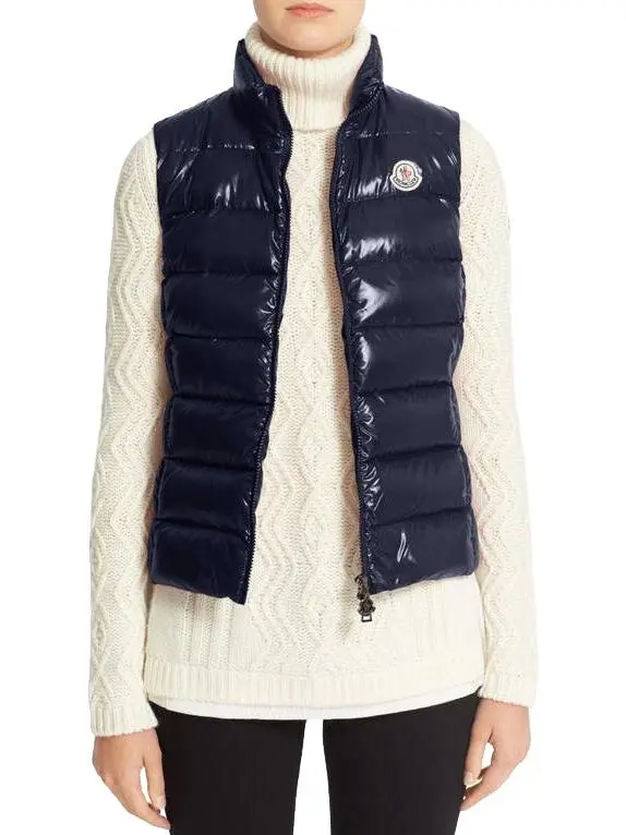 Moncler Ghany Water Resistant Shiny Nylon Down Puffer Vest - Navy