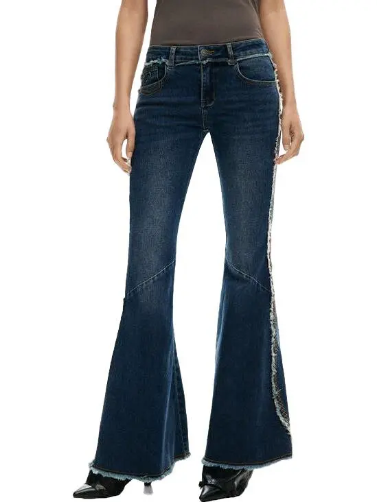 Desigual Embroidery Trim Flare Jeans - Dark Blue
