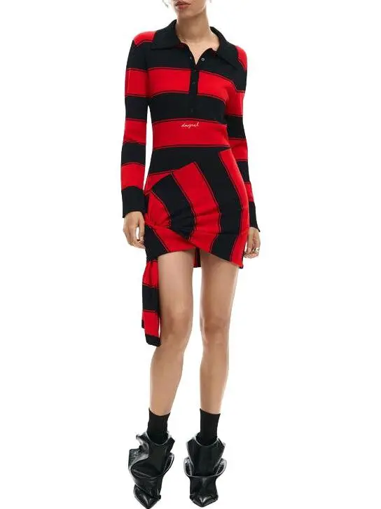 Desigual Stripe Side Drape Mini Dress - Red