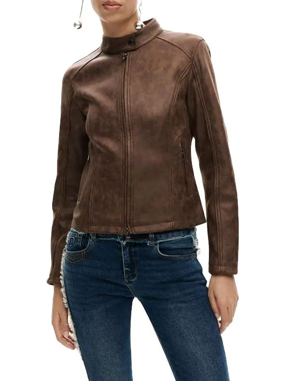 Desigual Faux Leather Zip-up Jacket - Brown