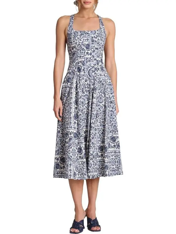 Avec Les Filles Tile Print Sleeveless A-line Dress - Navy Lisbon Tile