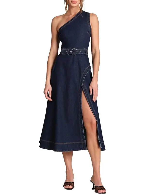 Avec Les Filles One-shoulder Denim Midi Dress - Royal Rinse
