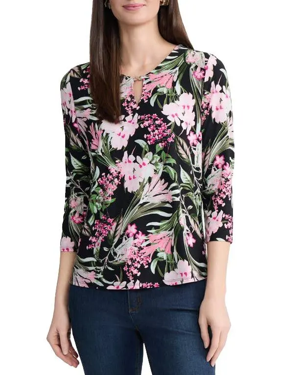 Jones New York Floral Keyhole Top - Jones Black Multi