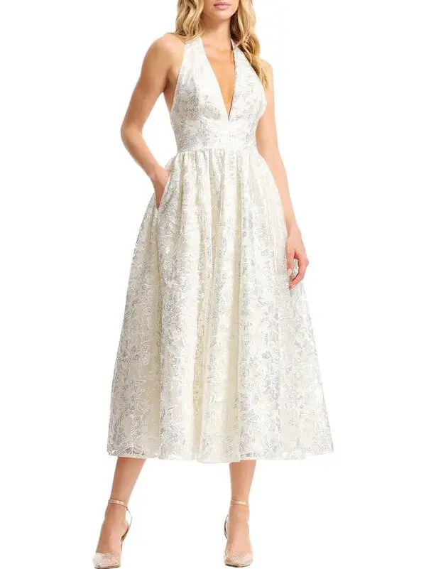 Dress The Population Christina Sequin Floral Cocktail Midi Dress - Off White