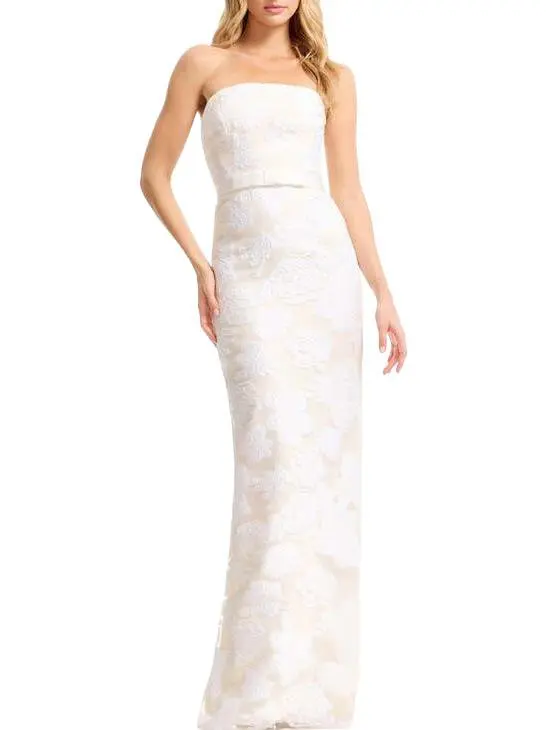 Dress The Population Floral Jacquard Strapless Mermaid Gown - White