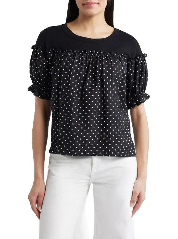 Loveappella Contrast Yoke Puff Sleeve Top - Black/ivory