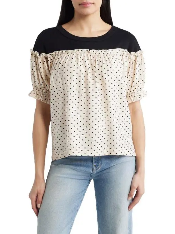 Loveappella Contrast Yoke Puff Sleeve Top - Ivory/black