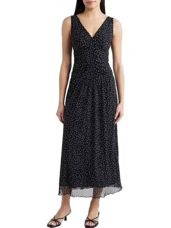 Loveappella Polka Dot Ruched Maxi Dress - Black