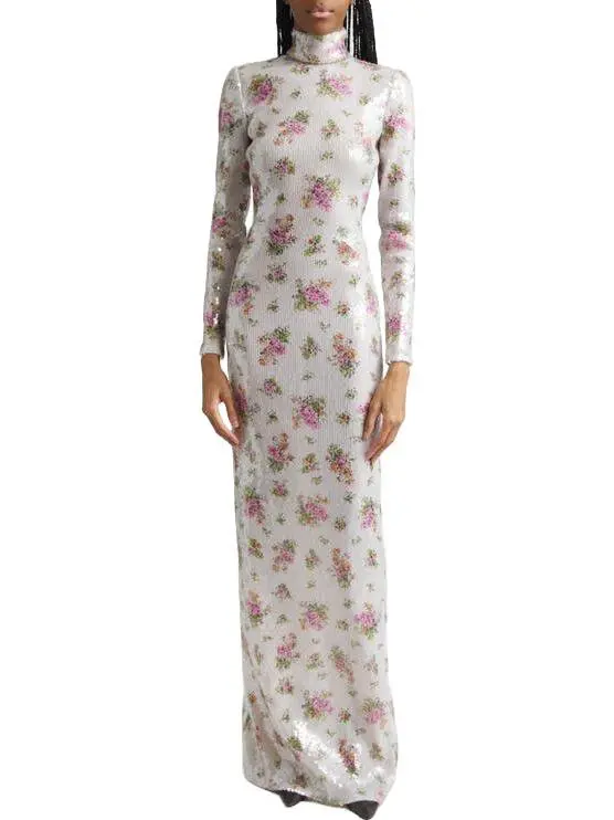 Brandon Maxwell The Monet Long Sleeve Sequin Column Gown - Blush Floral