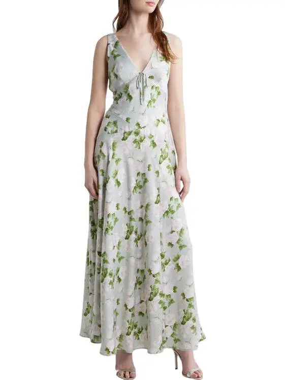 WAYF Lucasta Floral Satin Gown - Sage Roses