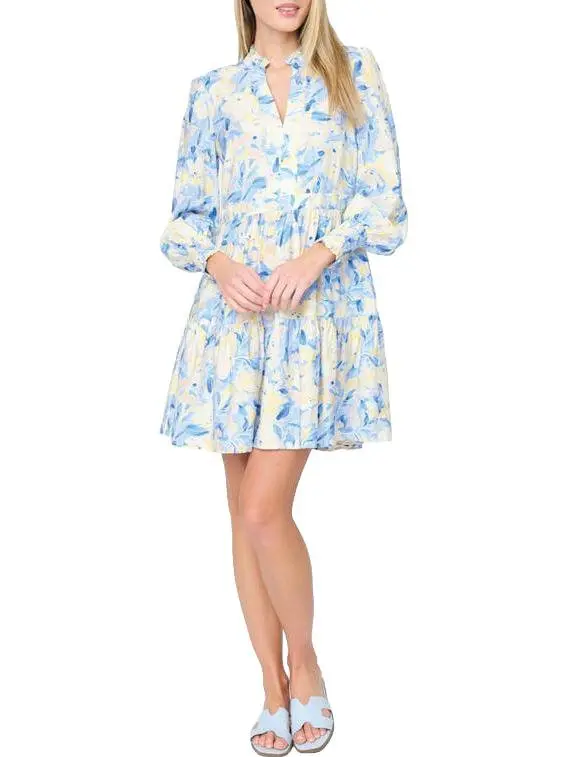 GIBSONLOOK Printed Long-sleeve Mini Dress - Yellow Navy Floral