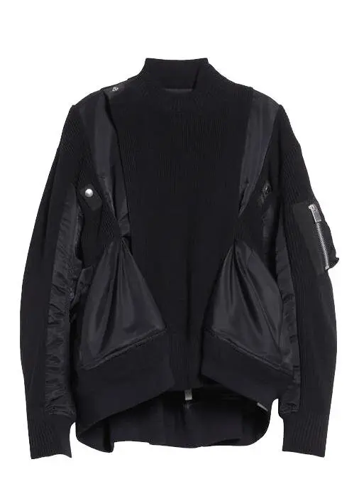 Sacai Mixed Media Bomber Jacket With Sweater Overlay - Black