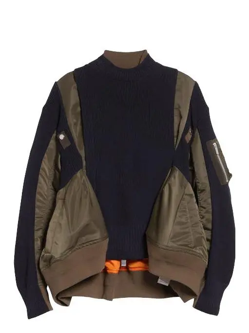 Sacai Mixed Media Bomber Jacket With Sweater Overlay - Dark Khaki/navy