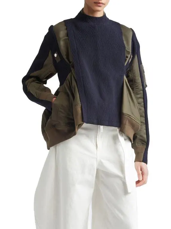 Sacai Mixed Media Bomber Jacket With Sweater Overlay - Dark Khaki/navy