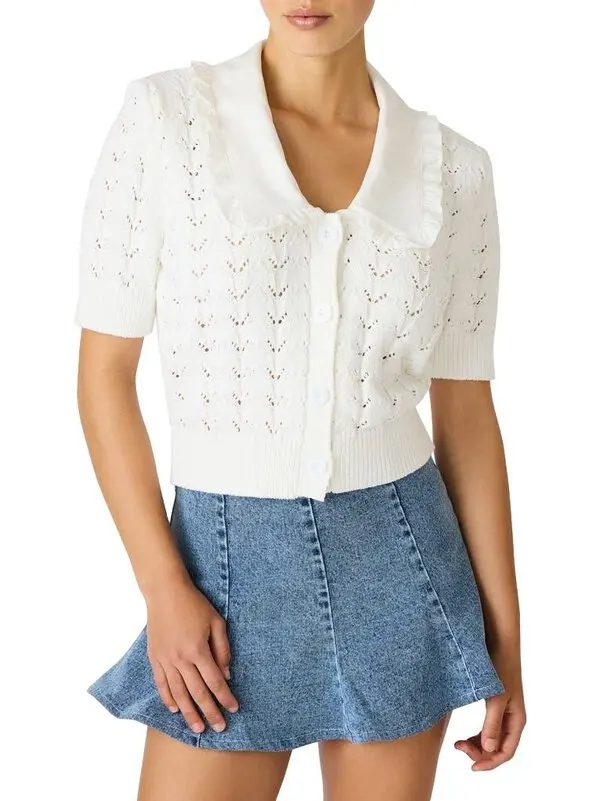 Steve Madden Gemma Ruffle Collar Pointelle Cardigan - Antique