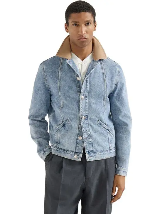 Brunello Cucinelli Denim Shirt Jacket With Suede Collar - Light Denim