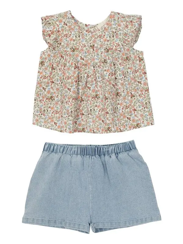 MABEL + HONEY Botanical Print Top With Denim Shorts Set - Multi