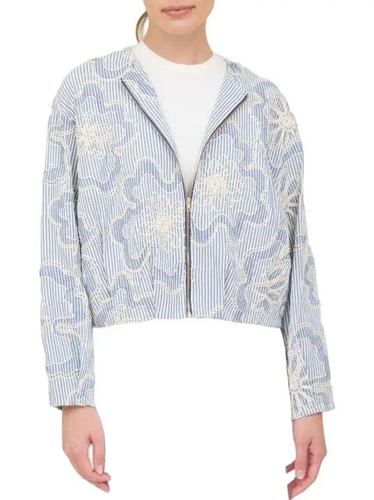 ZOE AND CLAIRE Embroidered Stripe Bomber Jacket - Blue