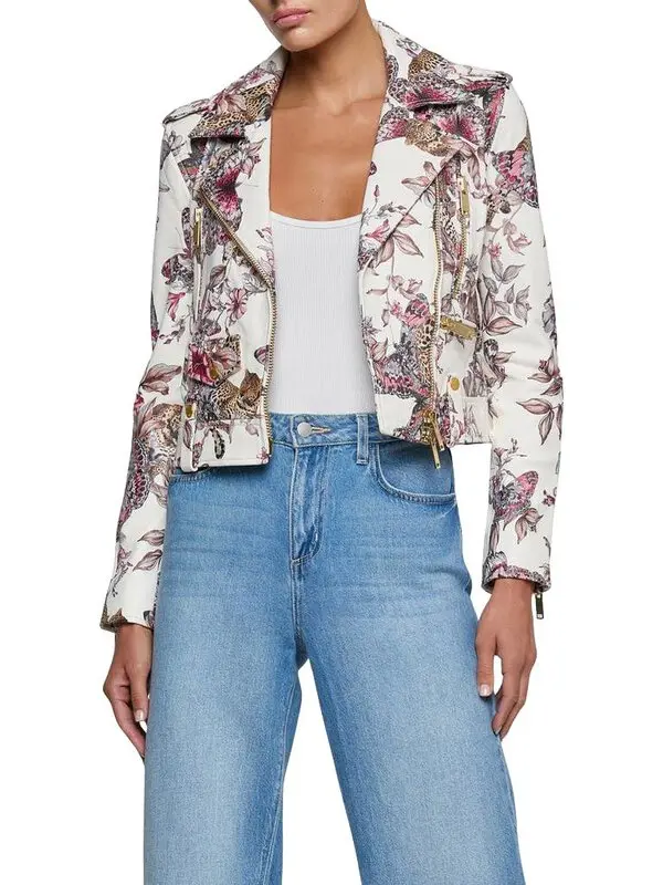 L'Agence Blakely Butterfly Leopard Print Cropped Biker Jacket - White Multi Butterfly