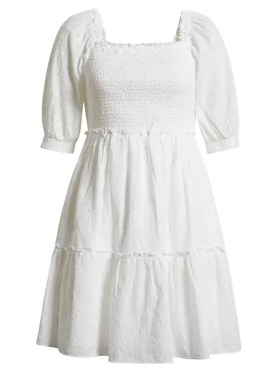 Lilly Pulitzer® Hadly Smocked Puff Shoulder Ruffle Hem Dress - Resort White Sun Showers